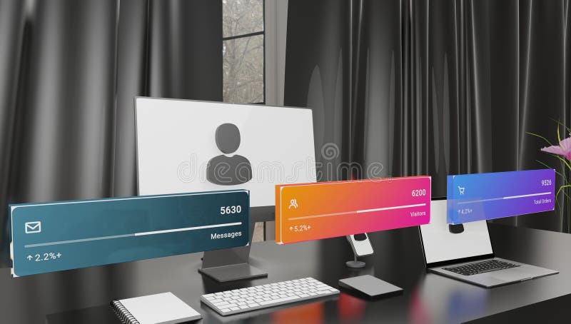 Interactive Work Desk with Laptop, Mobile, and User Icon, Featuring ...