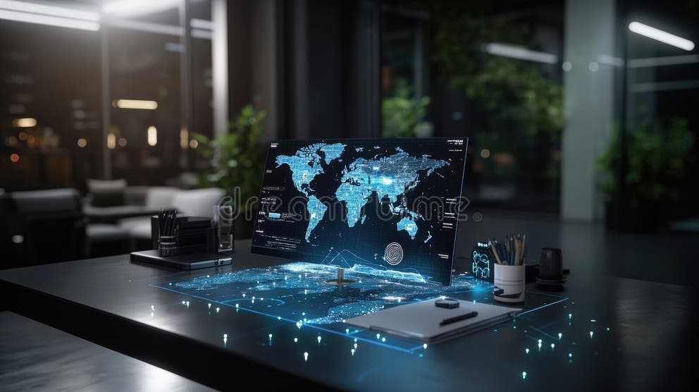 Interactive Workspace with World Map Display Modern Office Digital ...