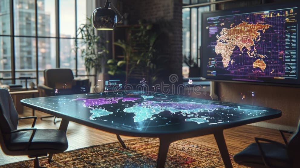 Interactive Workspace with World Map Display in Modern Office Visual ...