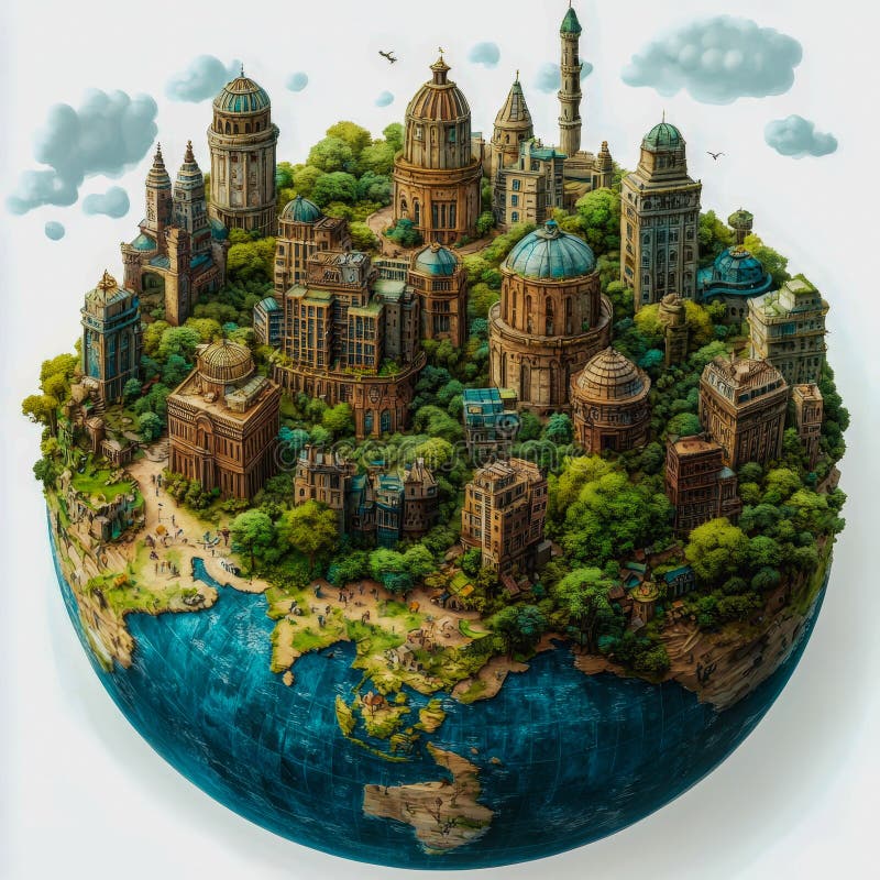 Interactive World Small Planet Cityscape Illustration Modern Design ...