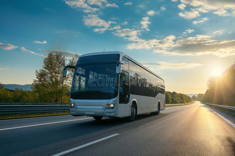 Grey Intercity Bus on Highway Against the Backdrop of a Sunset Stock ...