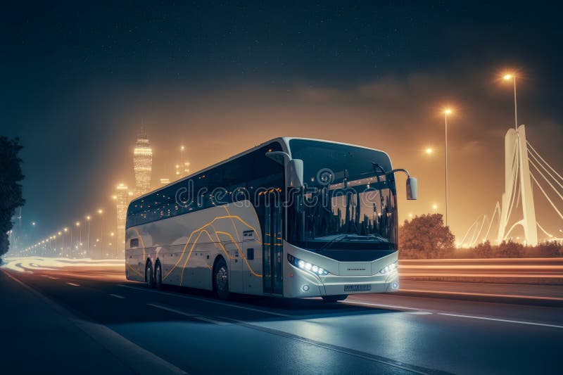 Intercity Bus Rides on a City Highway at Night.. Stock Illustration ...