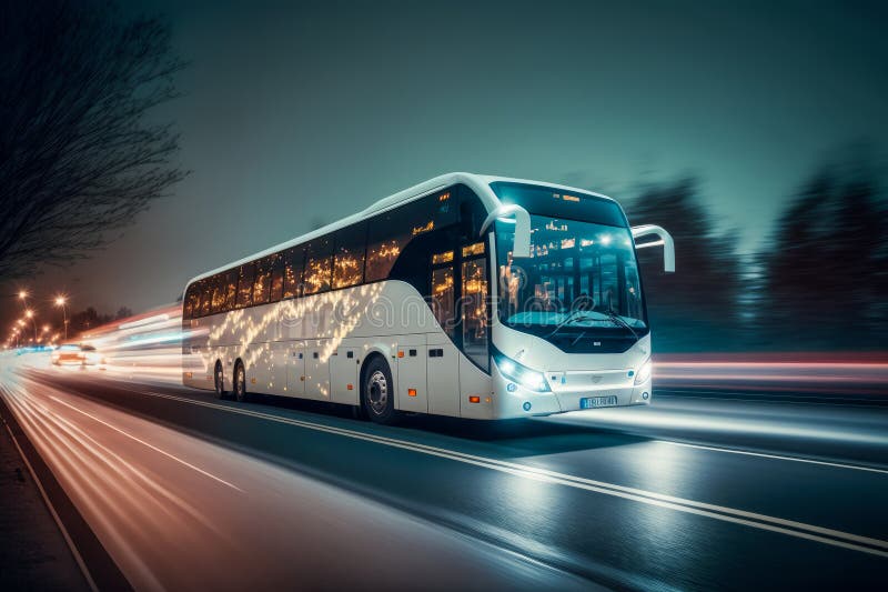 Intercity Bus Rides on a City Highway at Night.. Stock Illustration ...