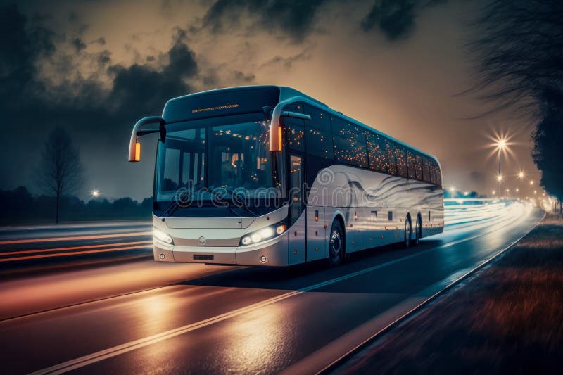 Intercity Bus Rides on a City Highway at Night.. Stock Illustration ...