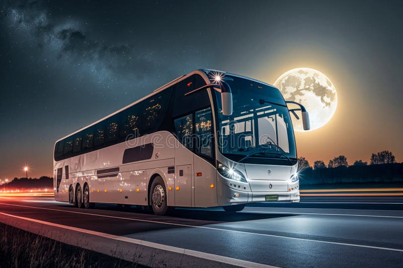 Intercity Bus Rides on a City Highway at Night.. Stock Image - Image of ...