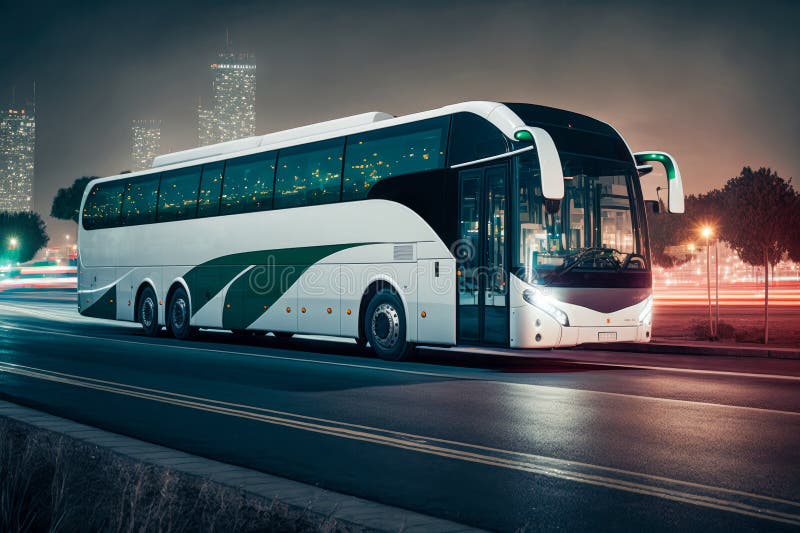 Intercity Bus Rides on a City Highway at Night.. Stock Illustration ...