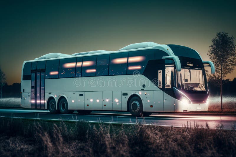 Intercity Bus Rides on a City Highway at Night.. Stock Illustration ...