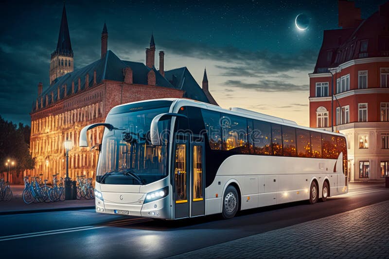 Intercity Bus Rides on a City Highway at Night.. Stock Illustration ...