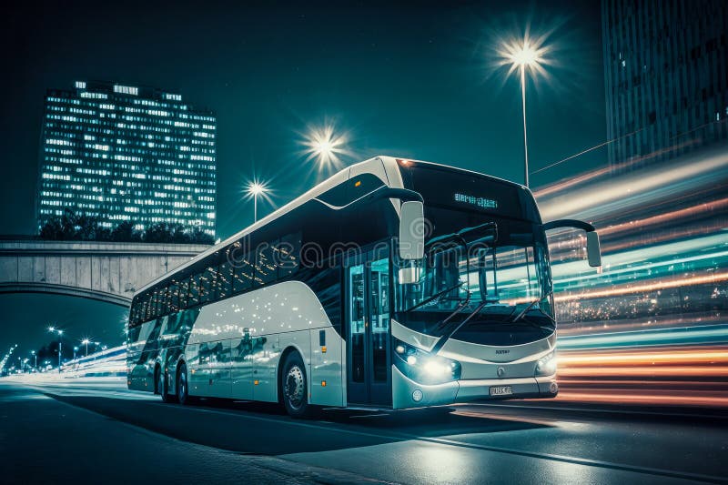 Intercity Bus Rides on a City Highway at Night.. Stock Illustration ...