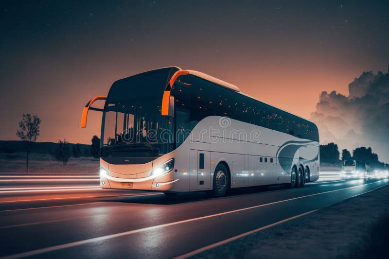 Intercity Bus Rides on a City Highway at Night.. Stock Illustration ...
