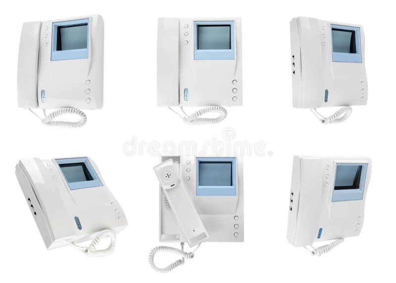 Intercom Base Stations with Handsets on White Background, Collage Stock ...