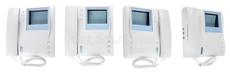 Intercom Base Stations with Handsets on White Background, Collage ...