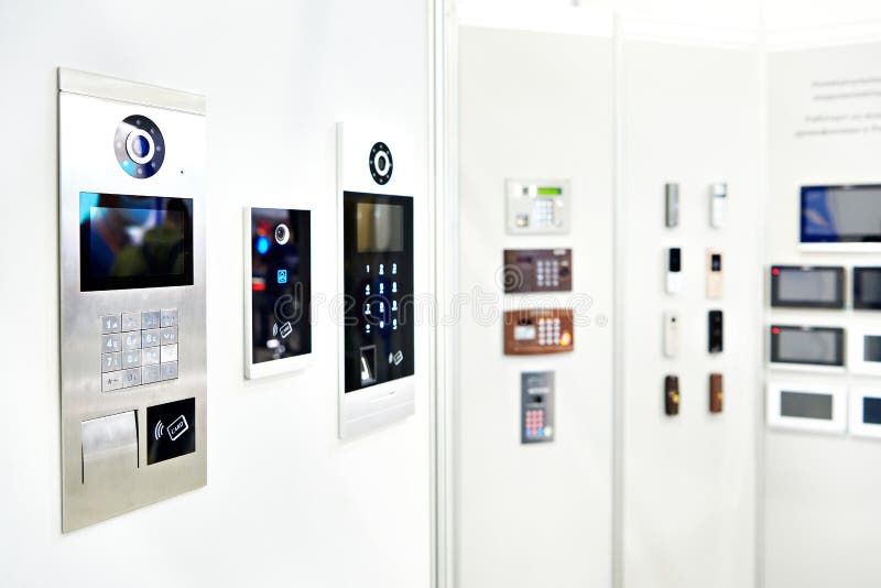 Intercom Control Panels with Monitors in Store Editorial Image - Image ...