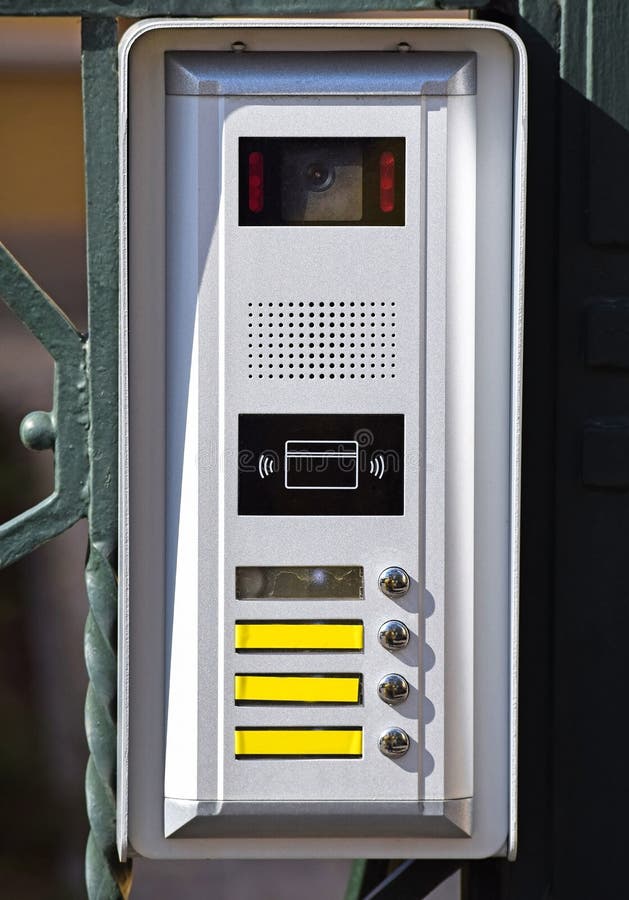 Intercom on the metal door stock image. Image of system - 82830495