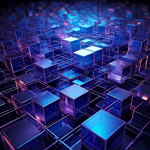 Interconnected Dimensions: 3D Blue and Purple Cubes in a Geometric Masterpiece Stock ...