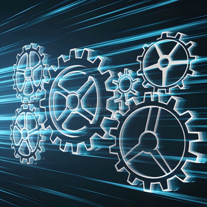 Interconnected Gears Glow in Blue Light Against a Dynamic Background ...