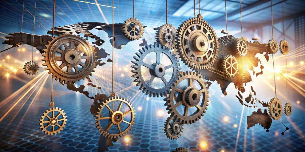 Interconnected Gears Suspended Above a World Map Representing Global ...