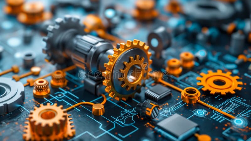 Interconnected Gears and Technology Symbols on Circuit Board Background ... Interconnected Gears and Technology Symbols on Circuit Board Background ...