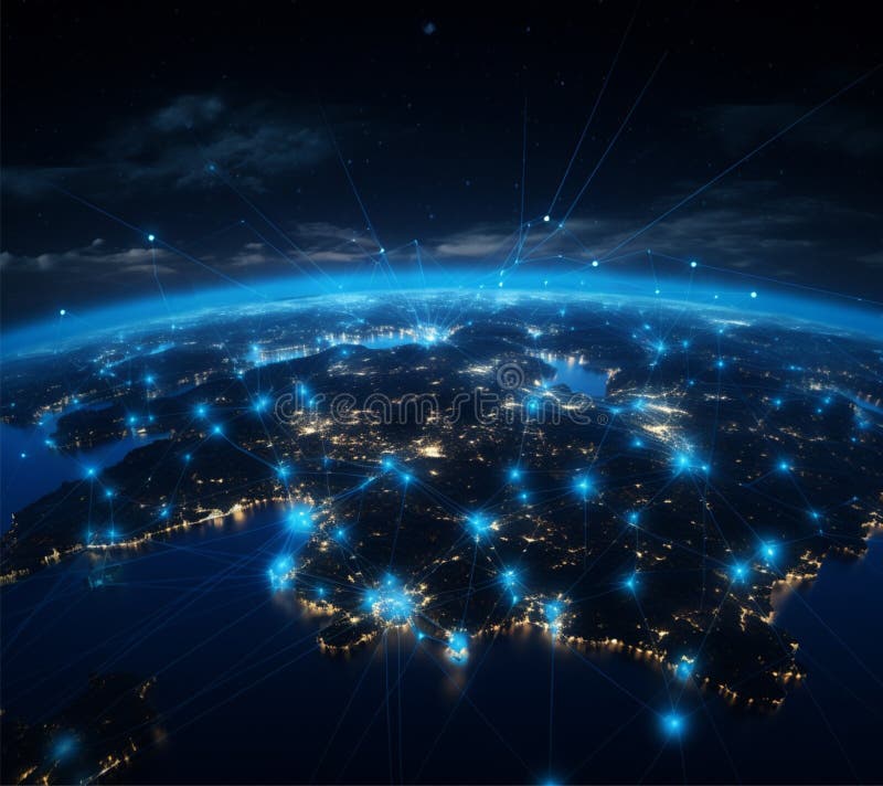 Interconnected Globe at Night, Globe with a Network of Lines and Lights ...