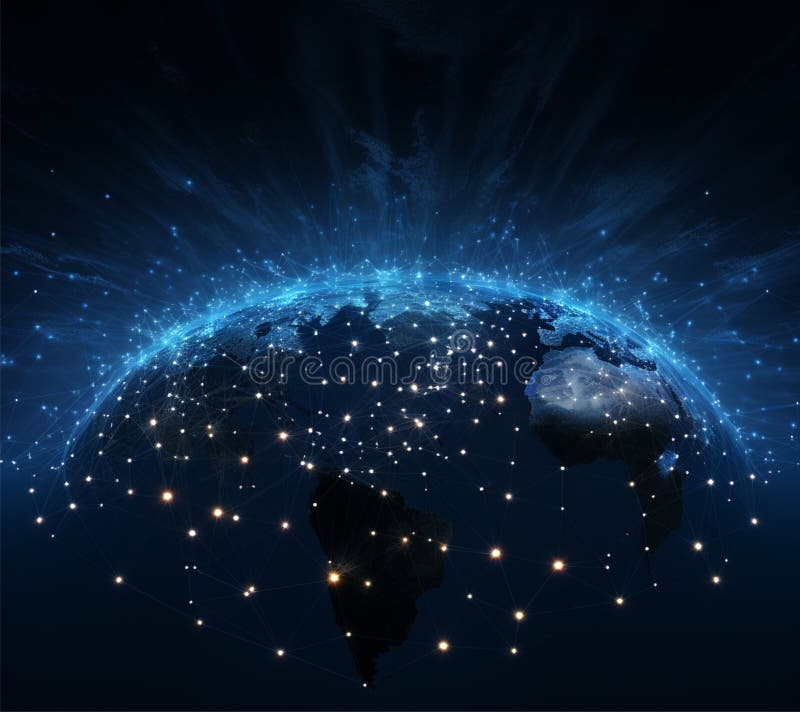 Interconnected Globe at Night, Globe with a Network of Lines and Lights ...