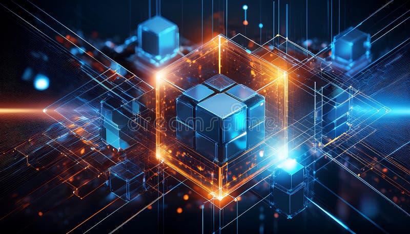 Interconnected Glowing Cubes in Blue and Orange Create a Digital Data ...