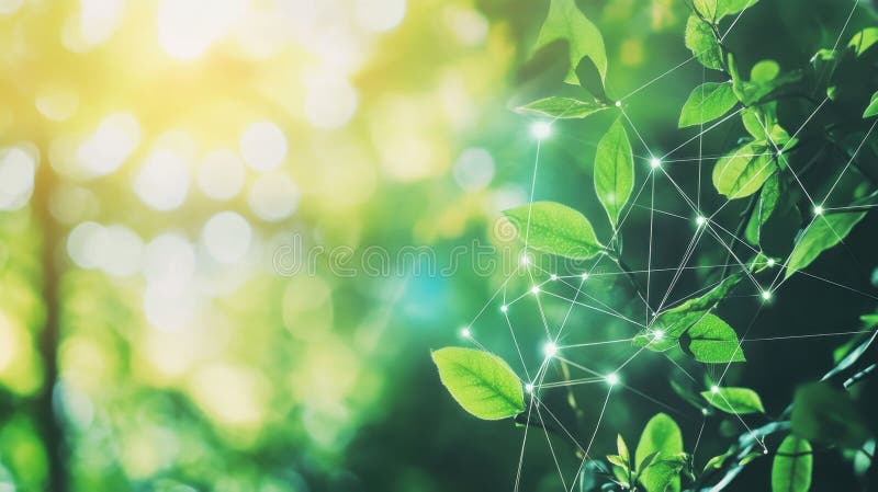 Interconnected Green Leaves with a Network of Glowing Lines and Nodes ...