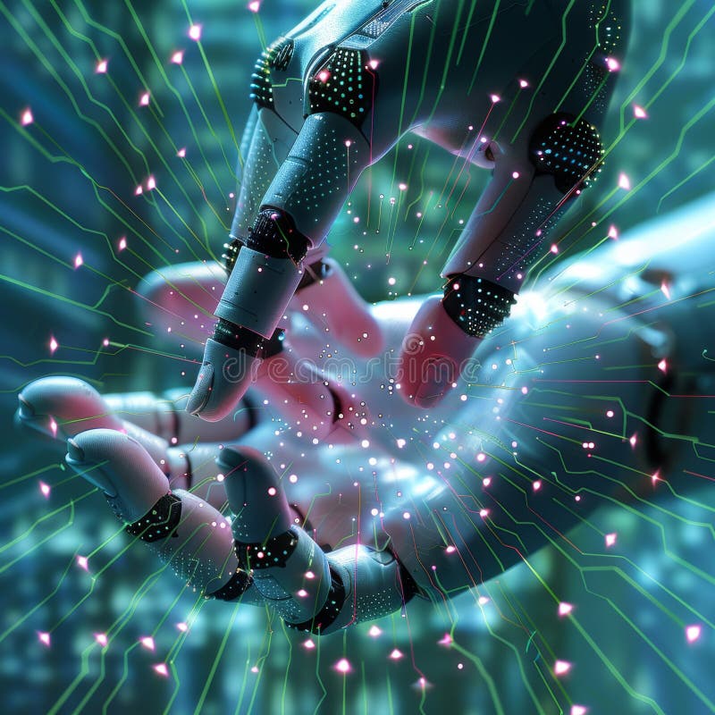 Interconnected Human and Robotic Hands Embrace on Metallic Surface ...