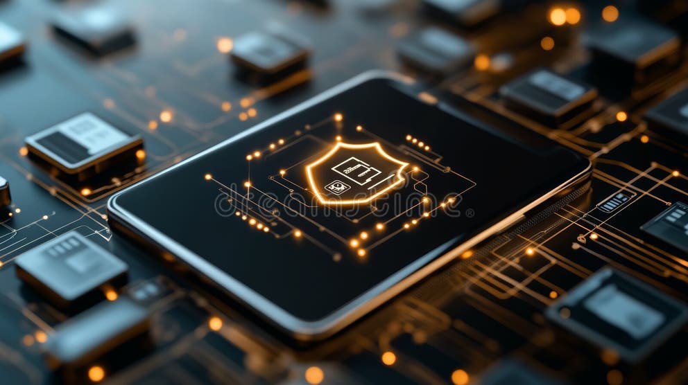 Interconnected IoT Devices Represented by a Glowing Central Shield Icon ...