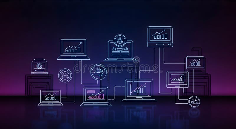 Interconnected Laptops Displaying Data Charts with Glowing Neon Lines ...