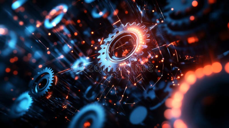 Interconnected Metal Cogs with Red and Blue Lights Stock Illustration ...