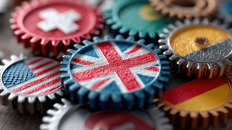 Interconnected Metal Gears with Various Country Flags Symbolizing ...