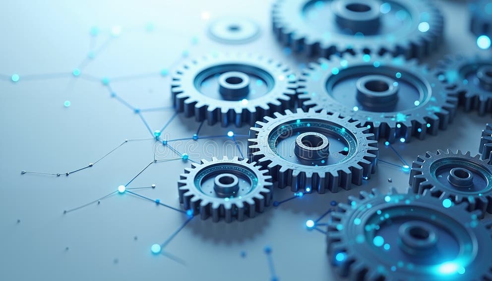 Interconnected Metallic Gears in Motion with Blue Glow, Technology ...