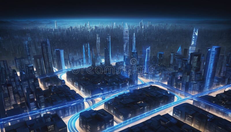 Interconnected Modern City at Night with Gleaming Lights and Stream of ...