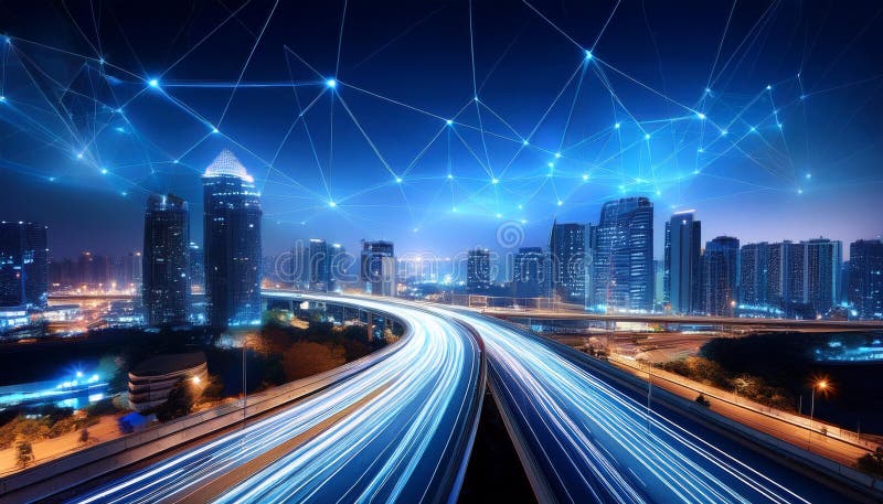 Interconnected Modern City Street Lights, Blue Environment Stock ...