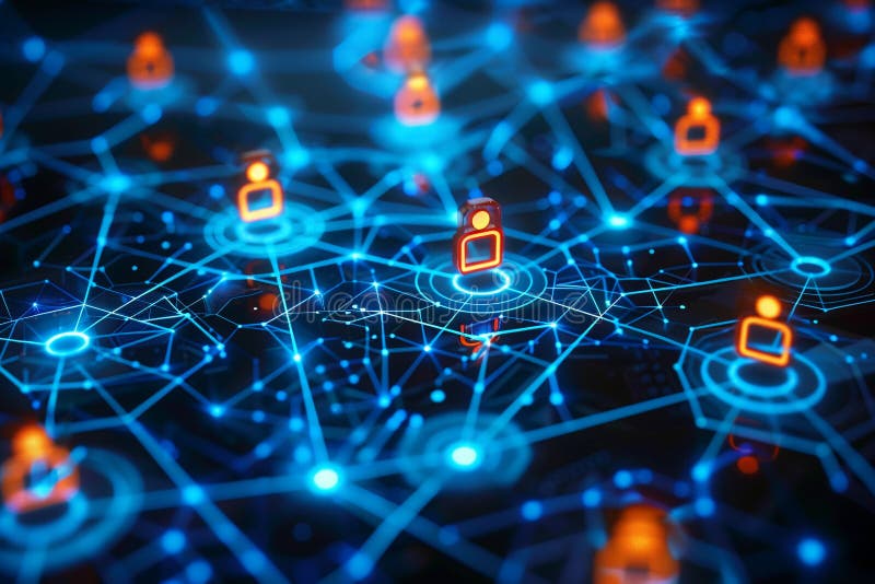 Interconnected Network of Blue and Orange Lights. Figures of People ...