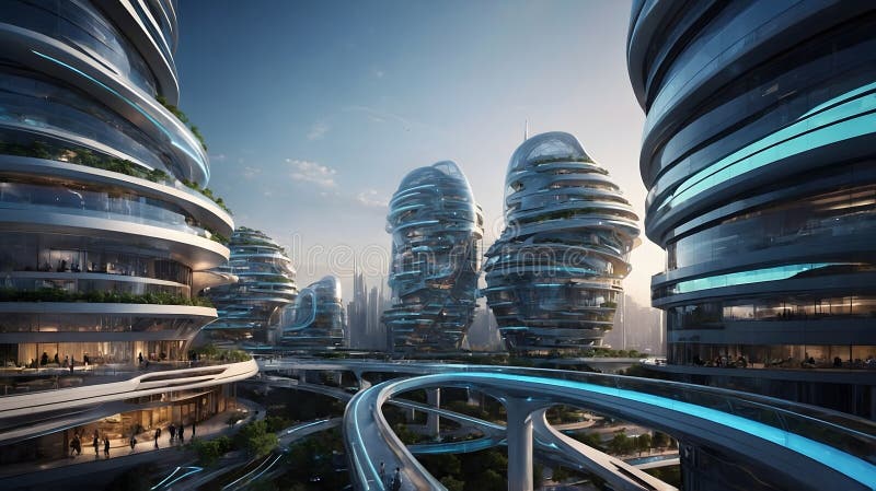 Visionary Urban Landscape Featuring Skyscrapers Linked by Transparent ...