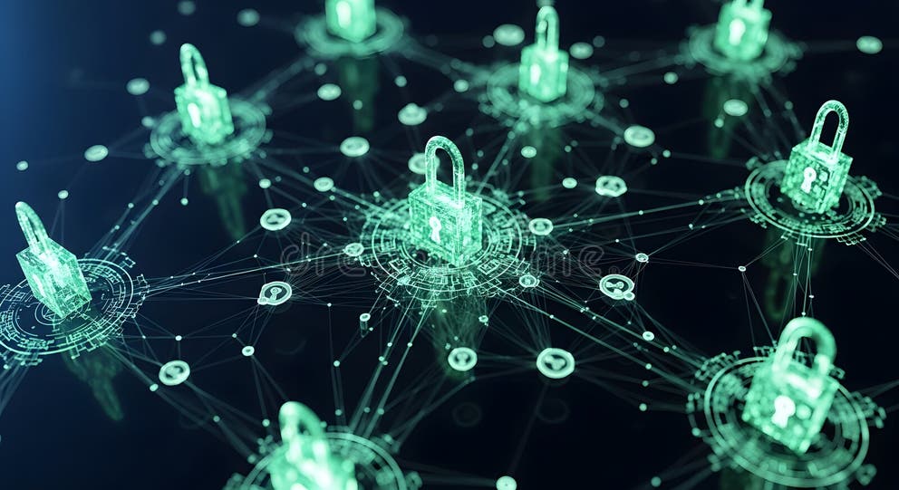 Connected Network of Glowing Padlocks in Digital Cyberspace, Security ...
