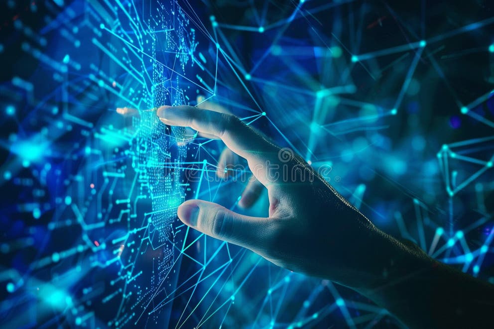 Interconnected Network with Human Hand, Futuristic Interface, Blue Glowing Nodes, Tech Stock ...