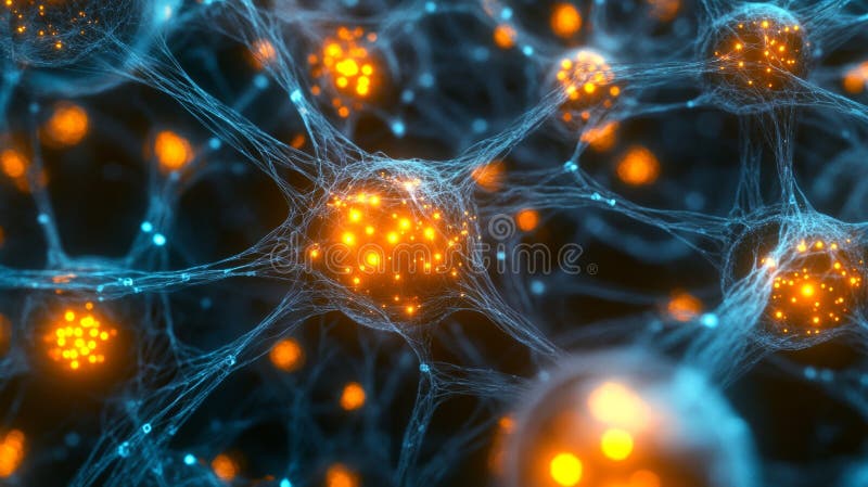 Interconnected Network of Luminous Nodes Orange Spheres and Azure ...