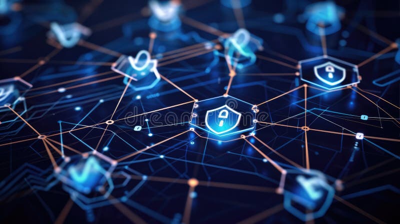 Interconnected Nodes with Padlock and Shield Icons Symbolizing Cyber ...