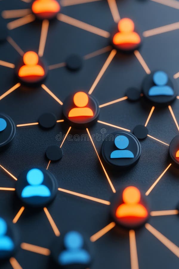 Interconnected Orange and Blue Glowing Icons Linked by a Network of ...