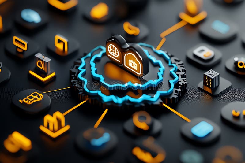 Interconnected Retail Icons with Highlighted Main Center on Black ...