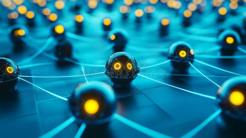Interconnected Robots Form a Futuristic Network on a Dark Blue Surface ...