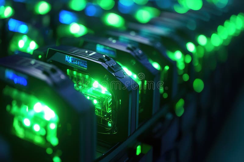 Interconnected Server Racks with Blue Display, Green Ambient Light ...