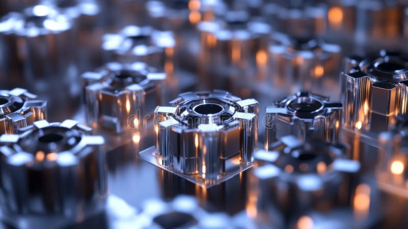 Interconnected Silver Network Glowing Nodes and Metallic Gears in a ...