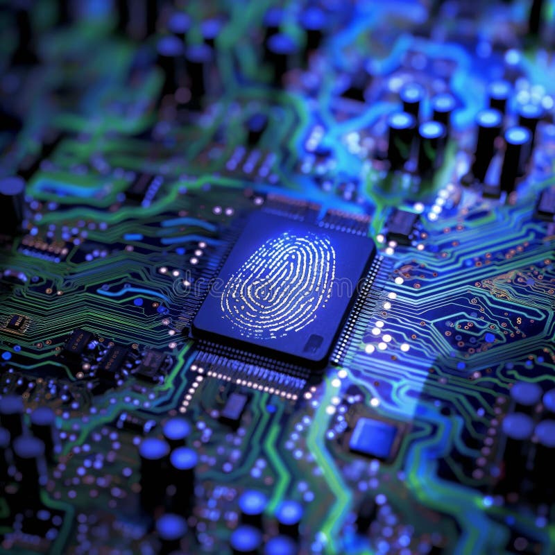 "Interconnected Technology: Circuit Board with Blue Fingerprint Pattern ...