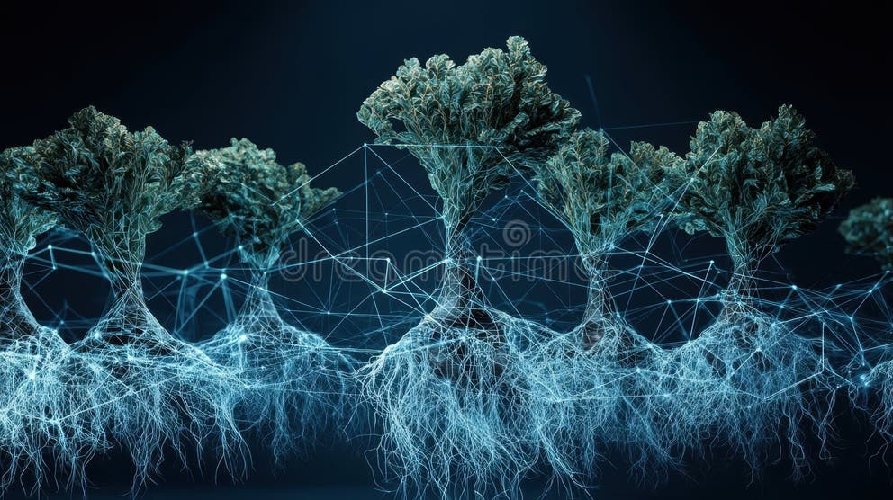Interconnected network of tree roots with digital lines, conceptual ...