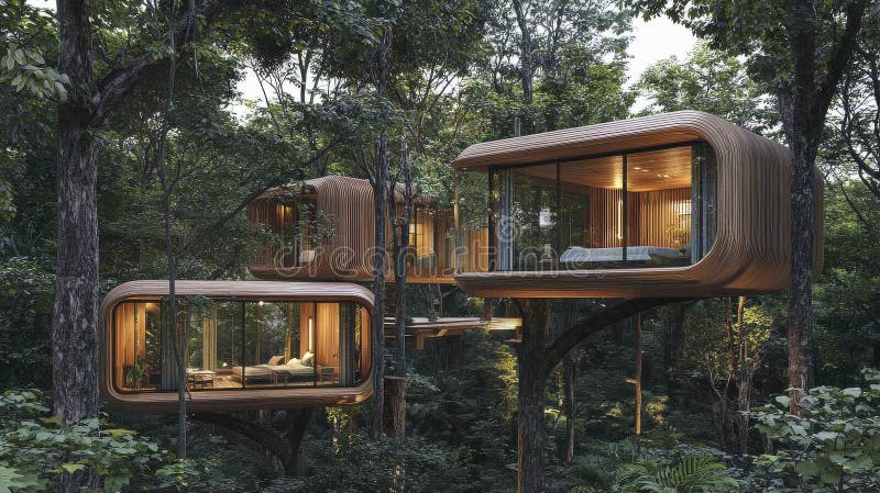 Interconnected Treehouses with Winding Walkways Stock Illustration ...