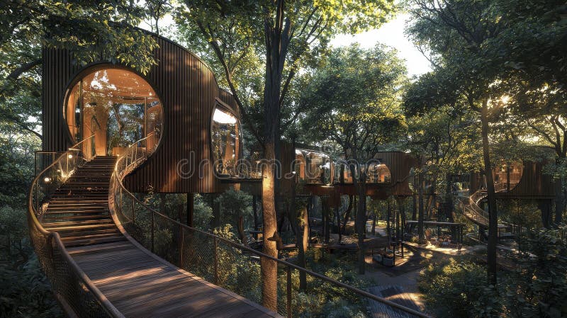 Interconnected Treehouses with Winding Walkways Stock Illustration ...