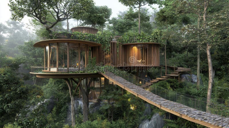 Interconnected Treehouses with Winding Walkways Stock Illustration ...